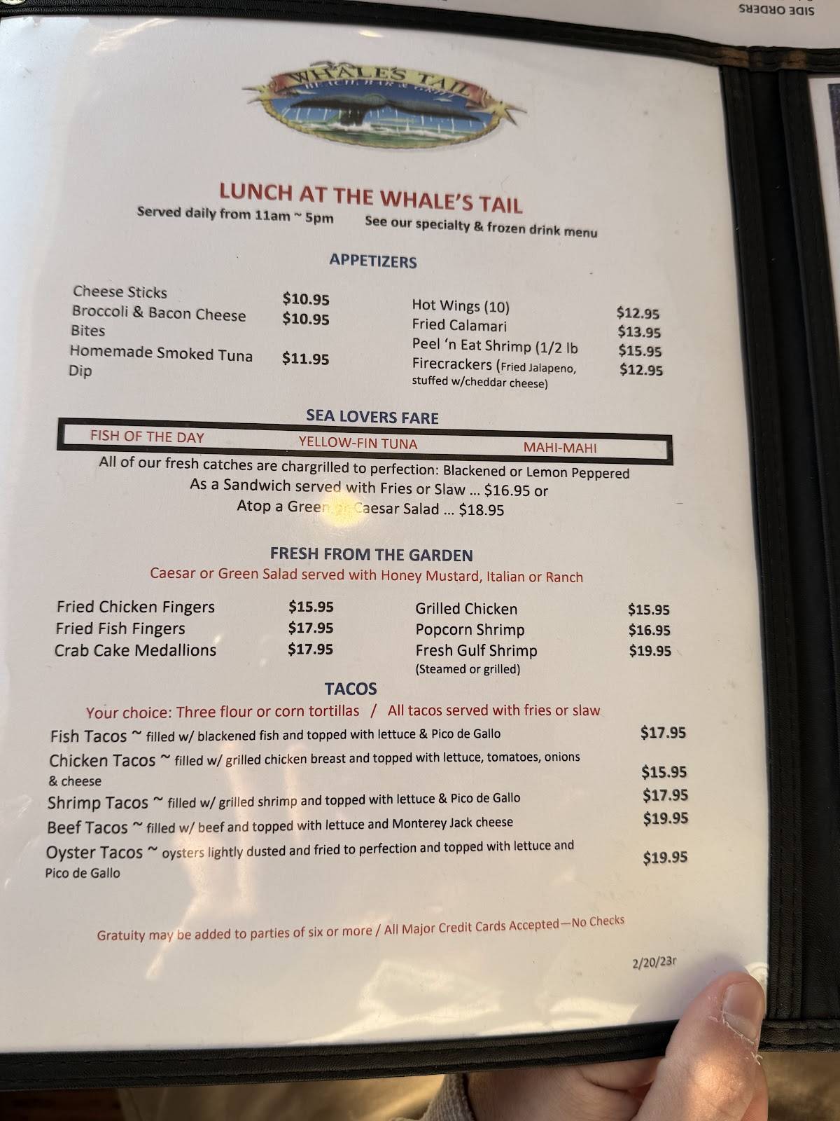Menu at The Whale's Tail Beach Bar & Grill, Miramar Beach, Hwy 2378