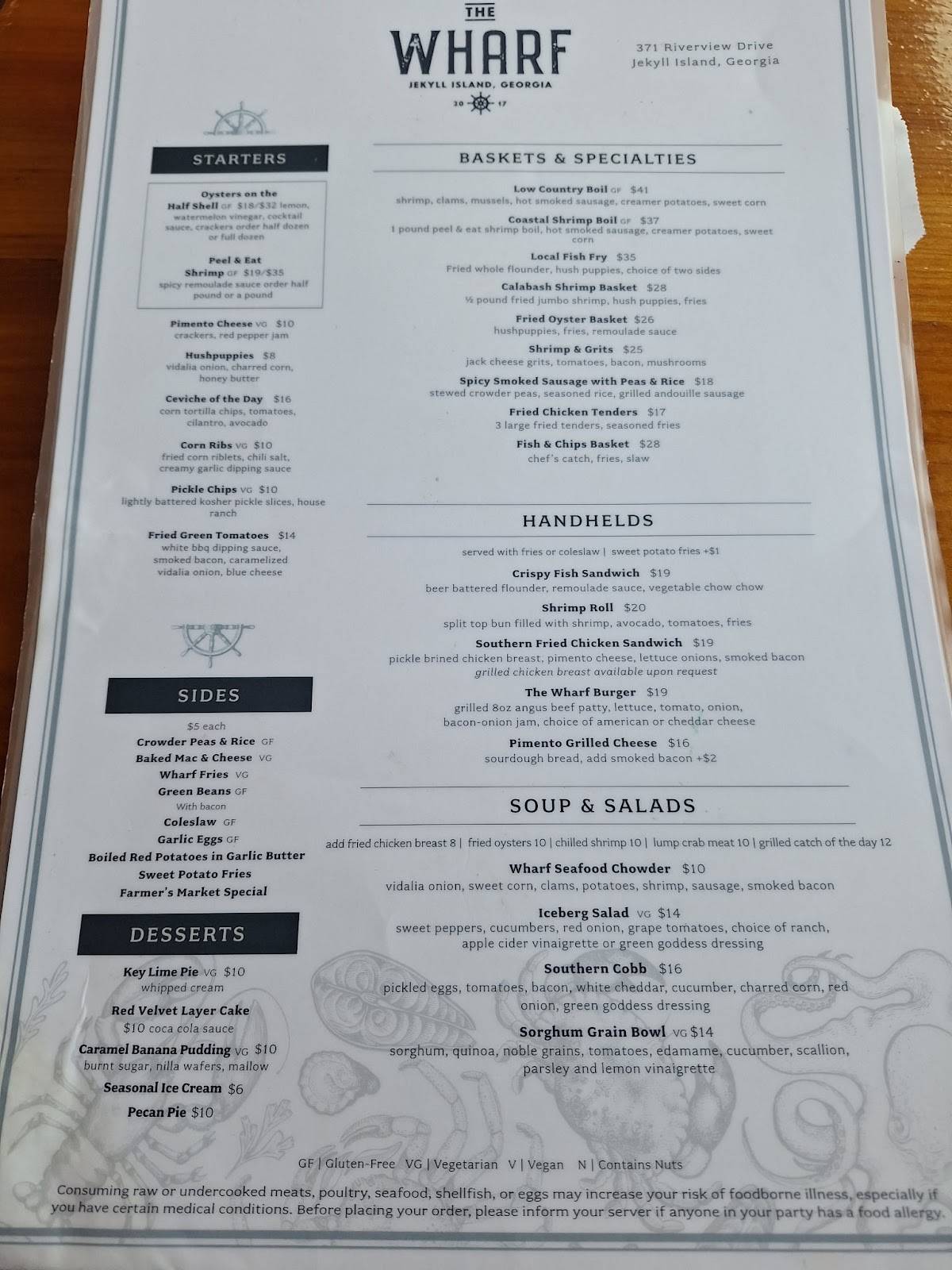 Menu at The Wharf restaurant, Jekyll Island