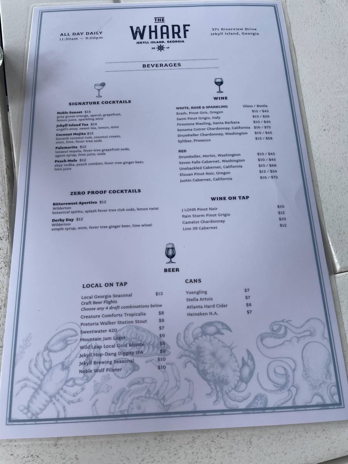 Menu at The Wharf restaurant, Jekyll Island