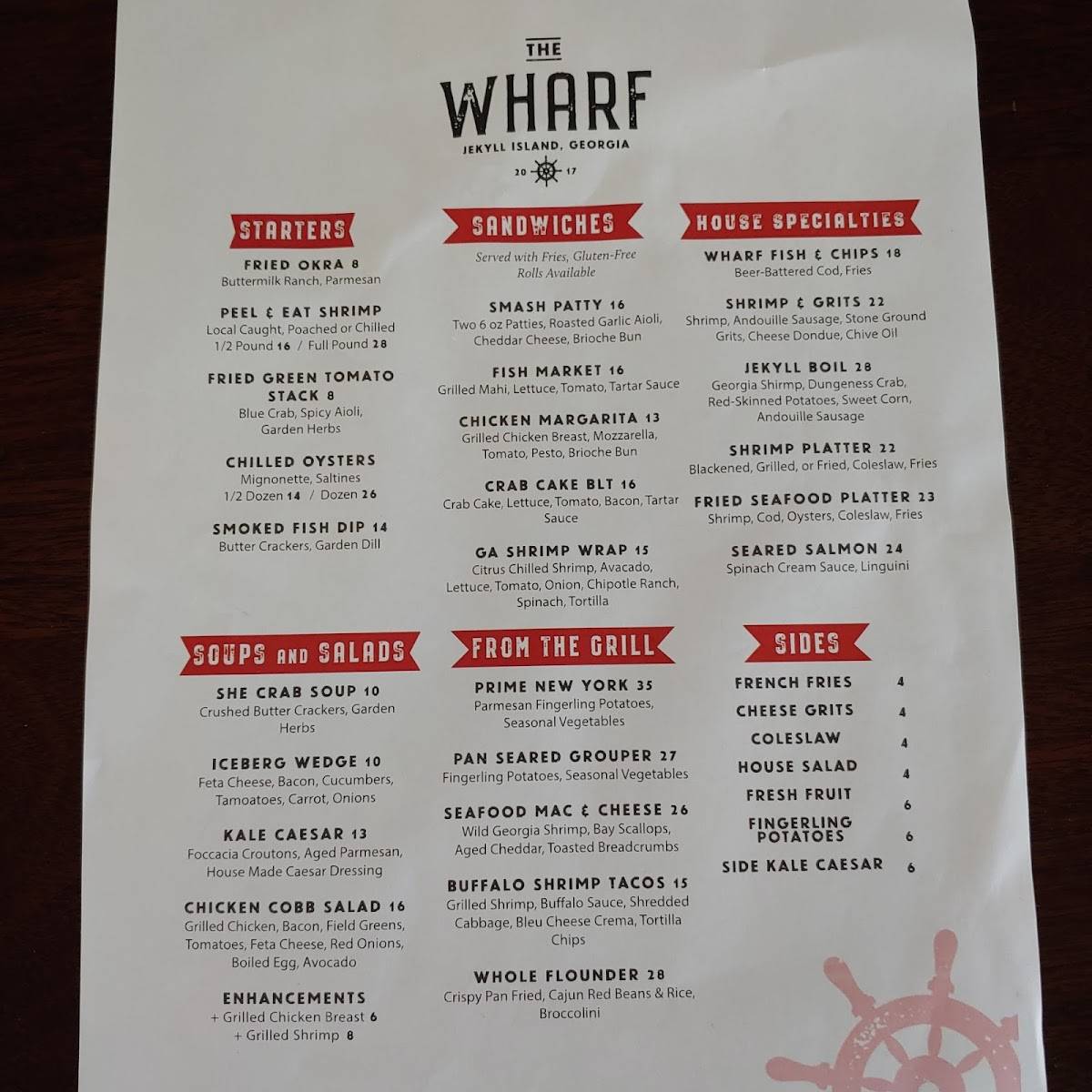 Menu at The Wharf restaurant, Jekyll Island