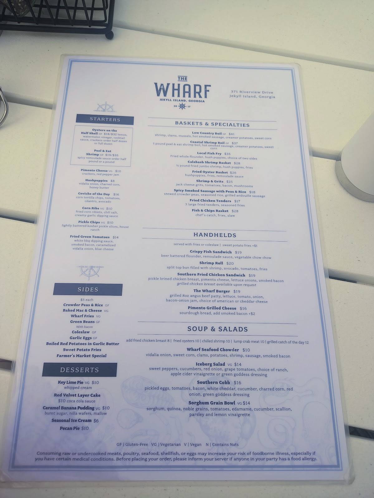 Menu at The Wharf restaurant, Jekyll Island