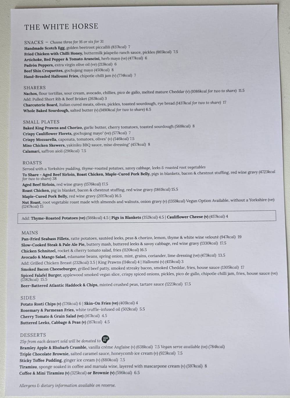 Menu at The White Horse pub & bar, Royal Leamington Spa
