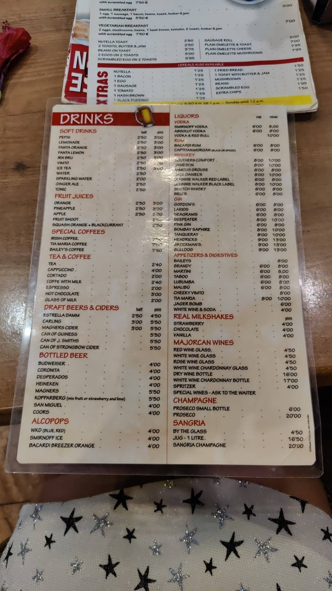 Menu at The White Rose restaurant, Port d'Alcúdia