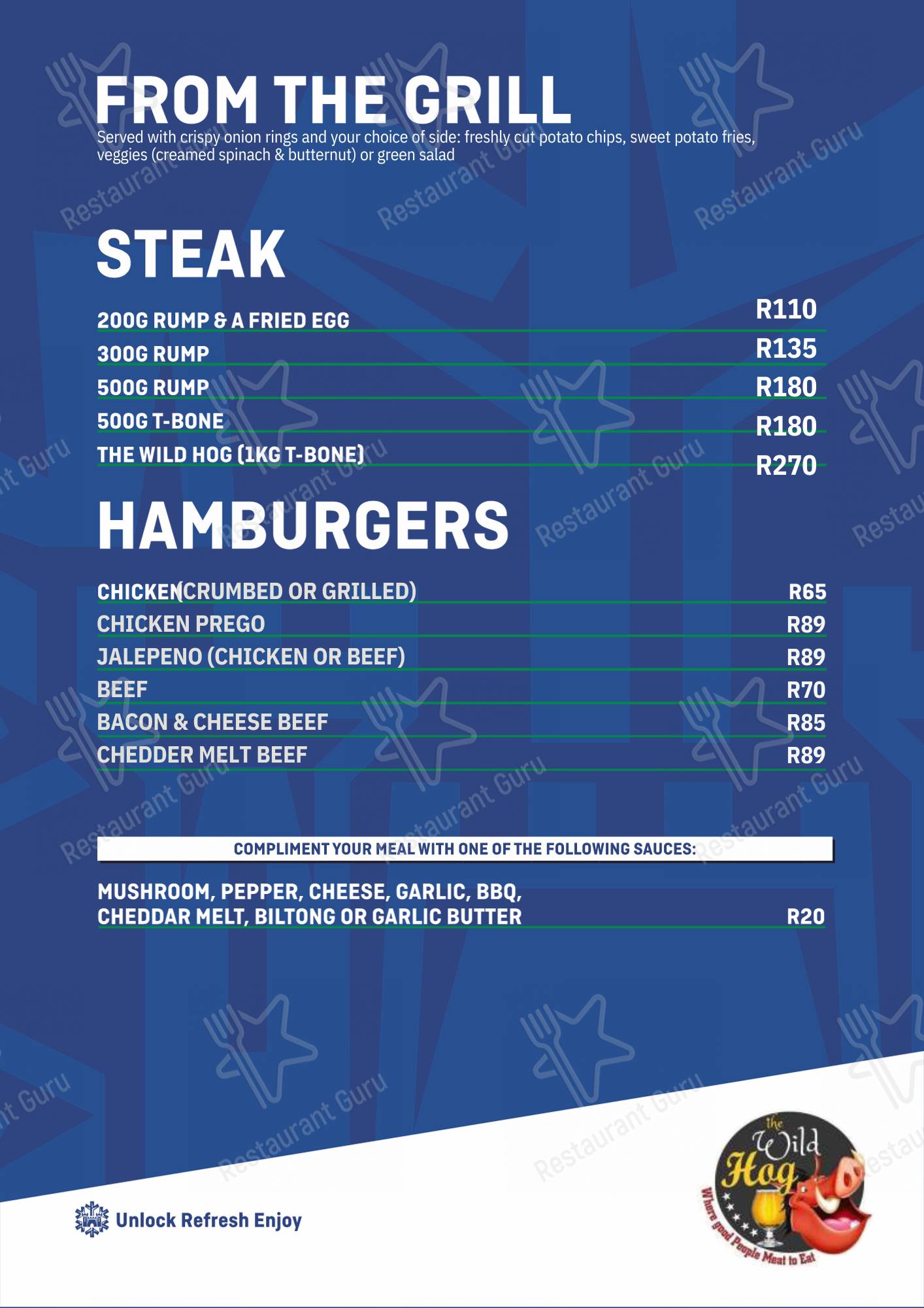 Menu at The Wild Hog Pub & Grill, Port Elizabeth