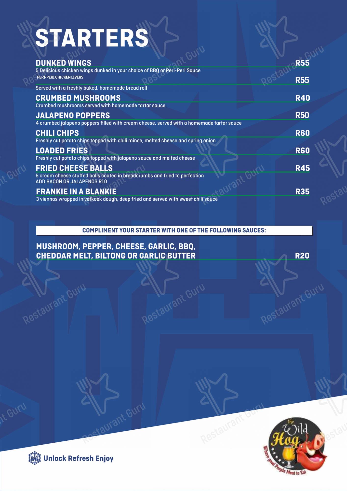 Menu at The Wild Hog Pub & Grill, Port Elizabeth