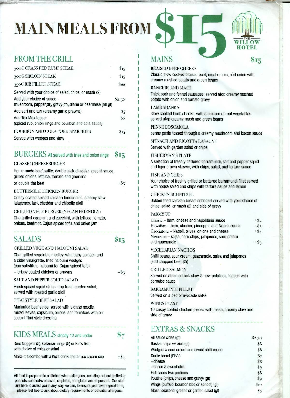 Menu at The Willow Hotel restaurant, Moorooka