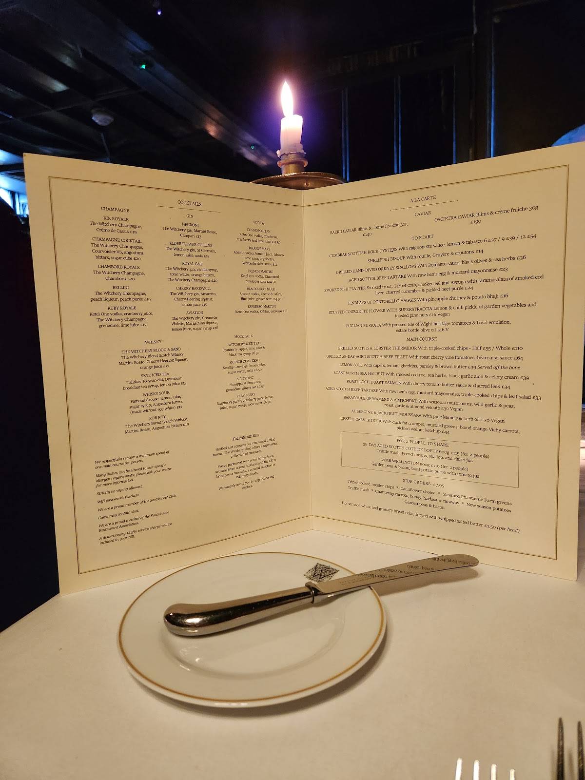 Menu at The Witchery by the Castle steakhouse, Edinburgh
