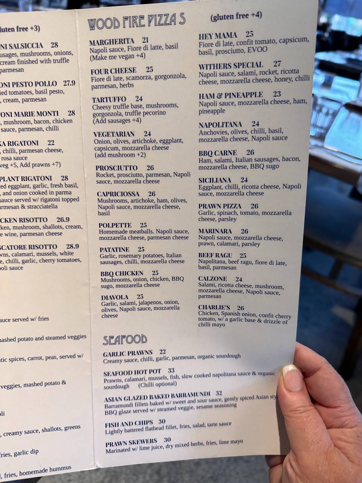 Menu at The Wither's Eatery restaurant, Australia