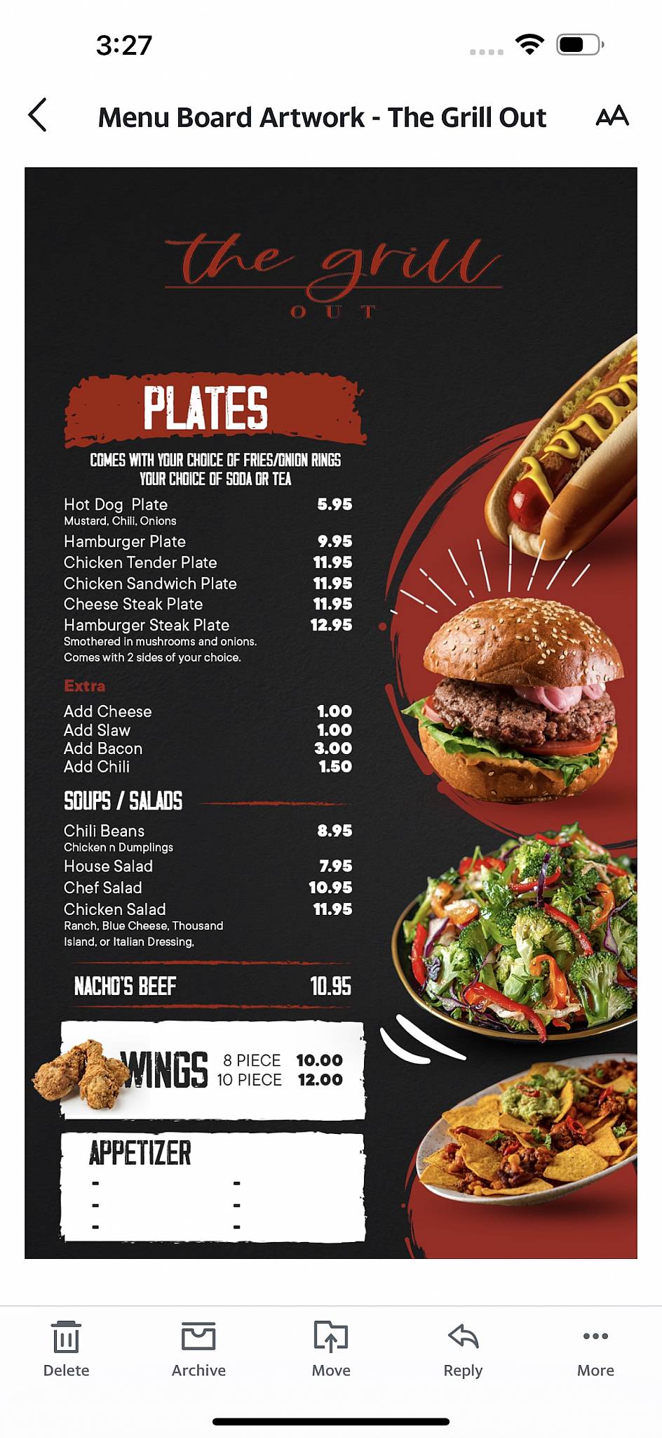 Menu at The grill out restaurant, USA