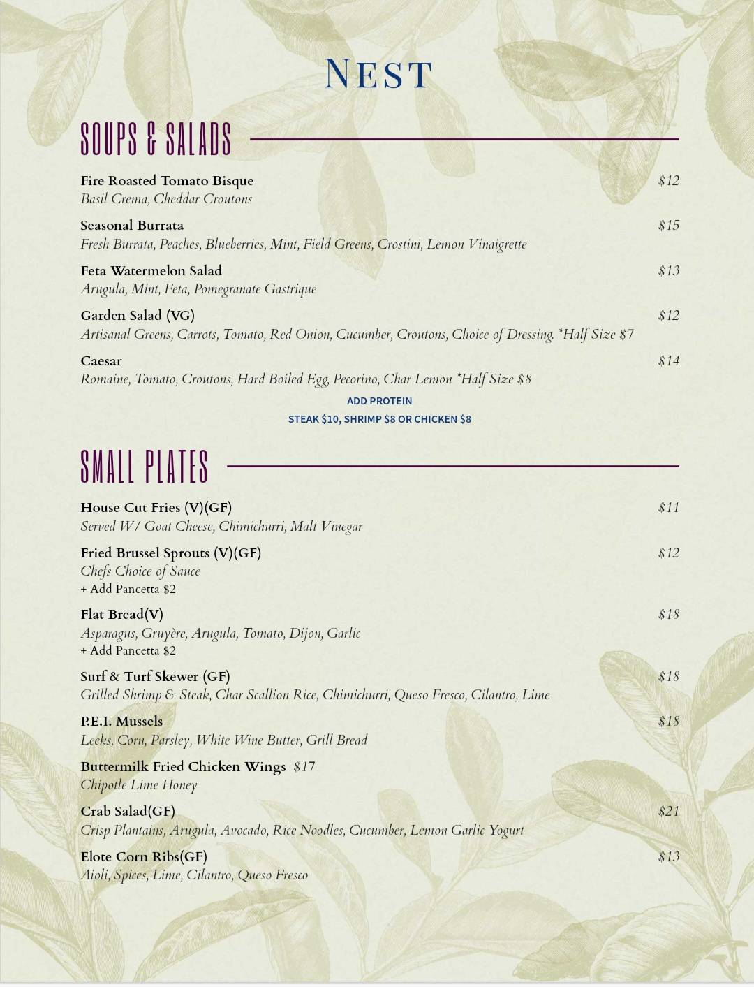 Menu at Nest restaurant, Thendara