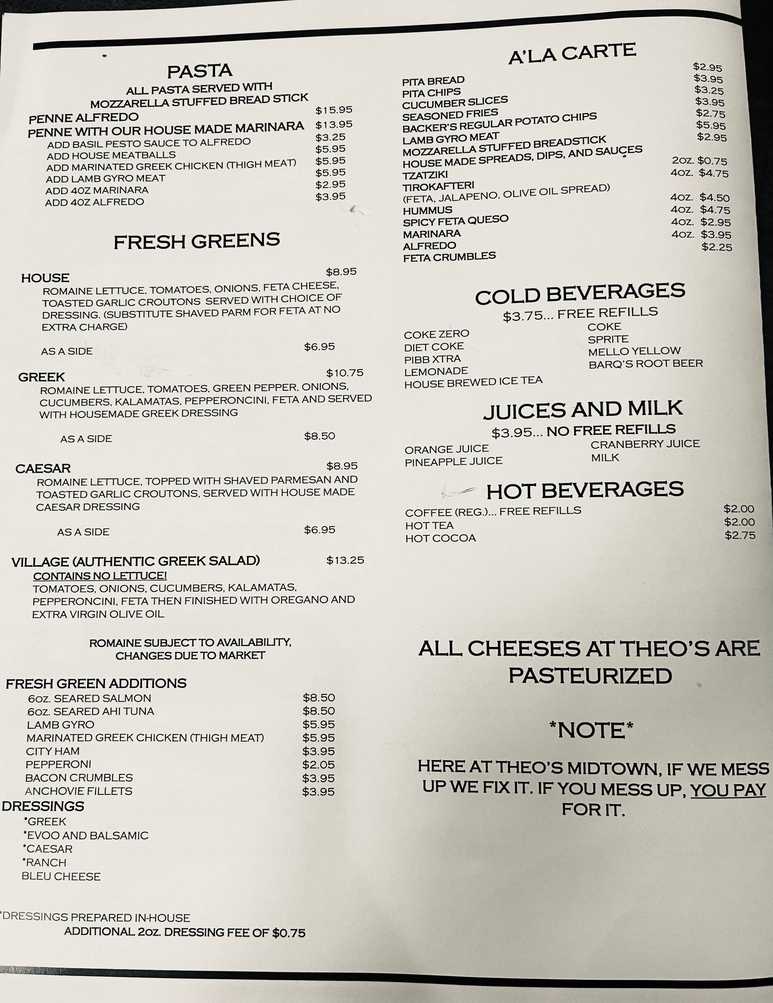 Menu at Theo's Midtown pizzeria, Jefferson City