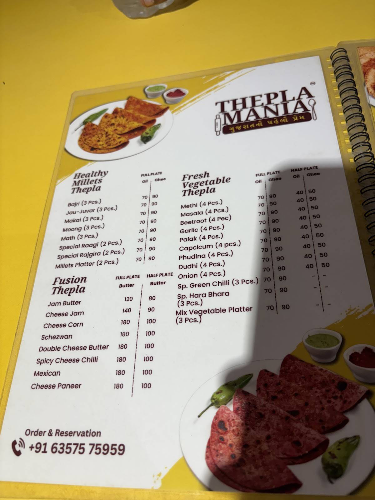 Menu at Thepla Mania, Ahmedabad, 1