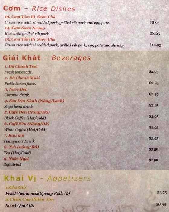 Menu at Thiên Phú restaurant, Charlotte