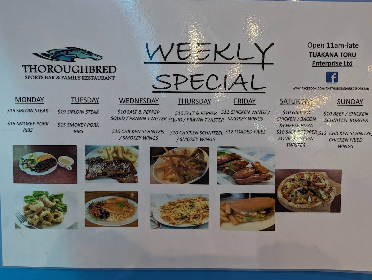 Menu at Thoroughbred Sports Bar, Takanini