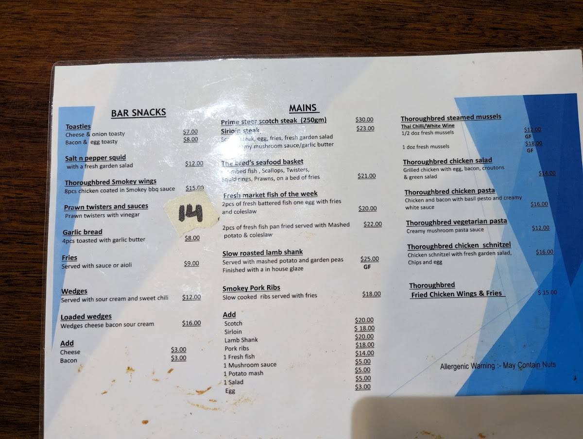 Menu at Thoroughbred Sports Bar, Auckland