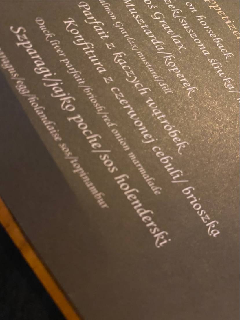 Menu at Three Chimneys restaurant, Łódź