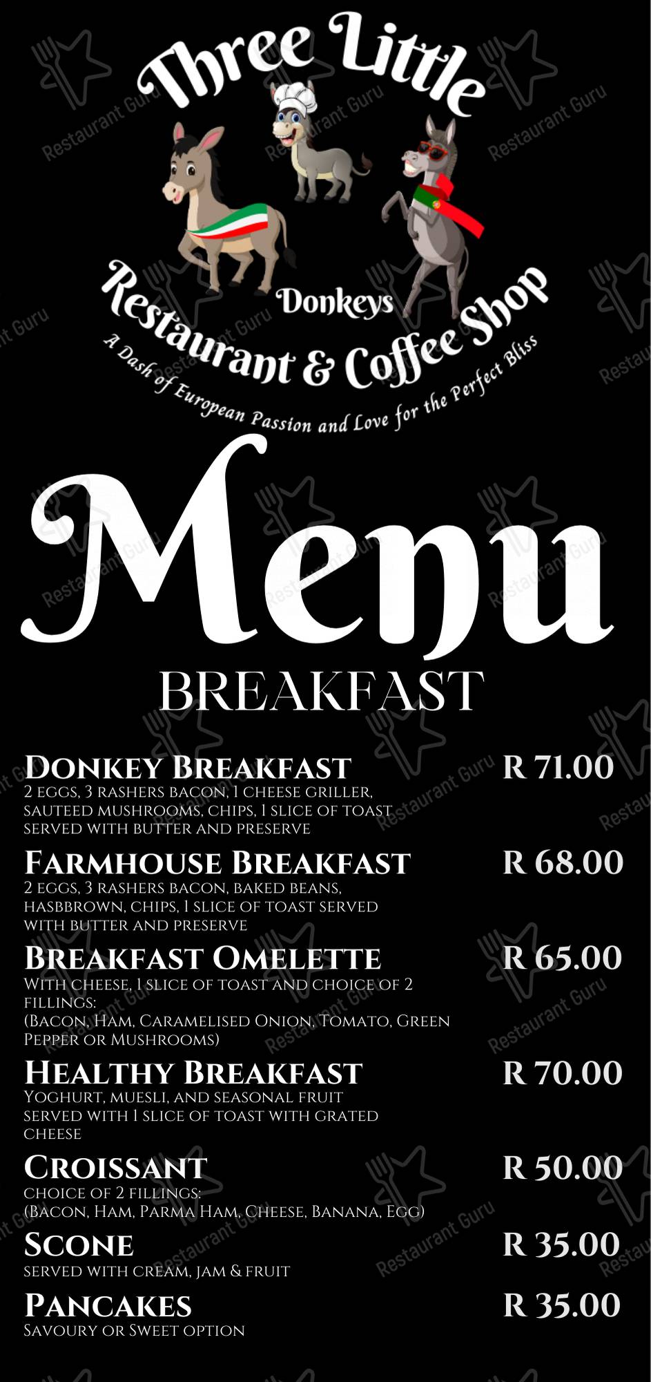 Menu at Three Little Donkeys Restaurant & Coffee Shop, Nelspruit