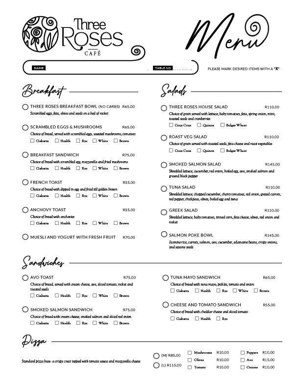 Menu at Three Roses Café, Johannesburg