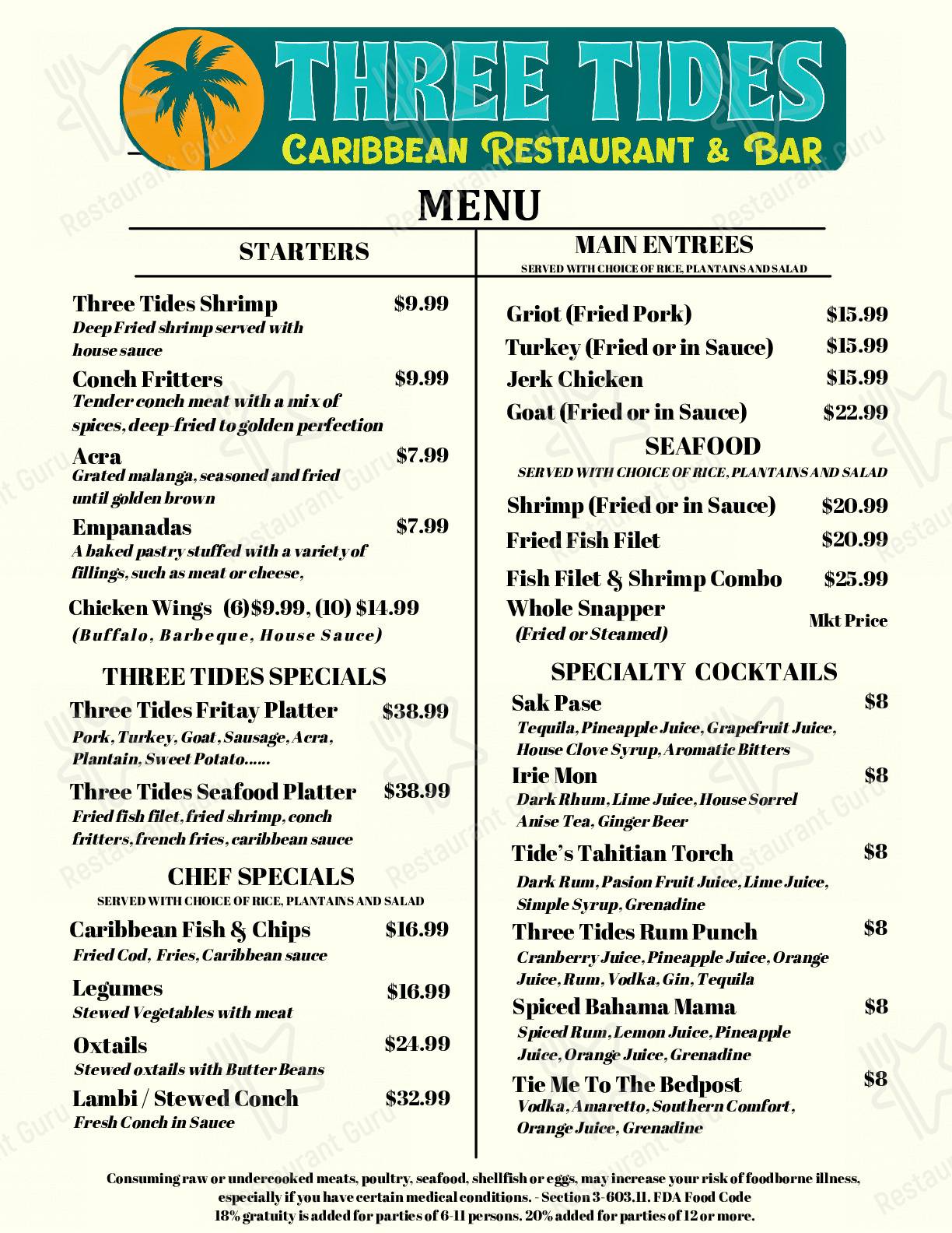Menu at Three Tides Caribbean Restaurant & Bar, Port St. Lucie