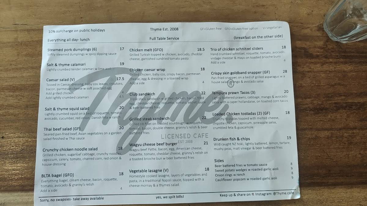 Menu at Thyme Cafe Bar, Main Beach, 20-22 Tedder Ave