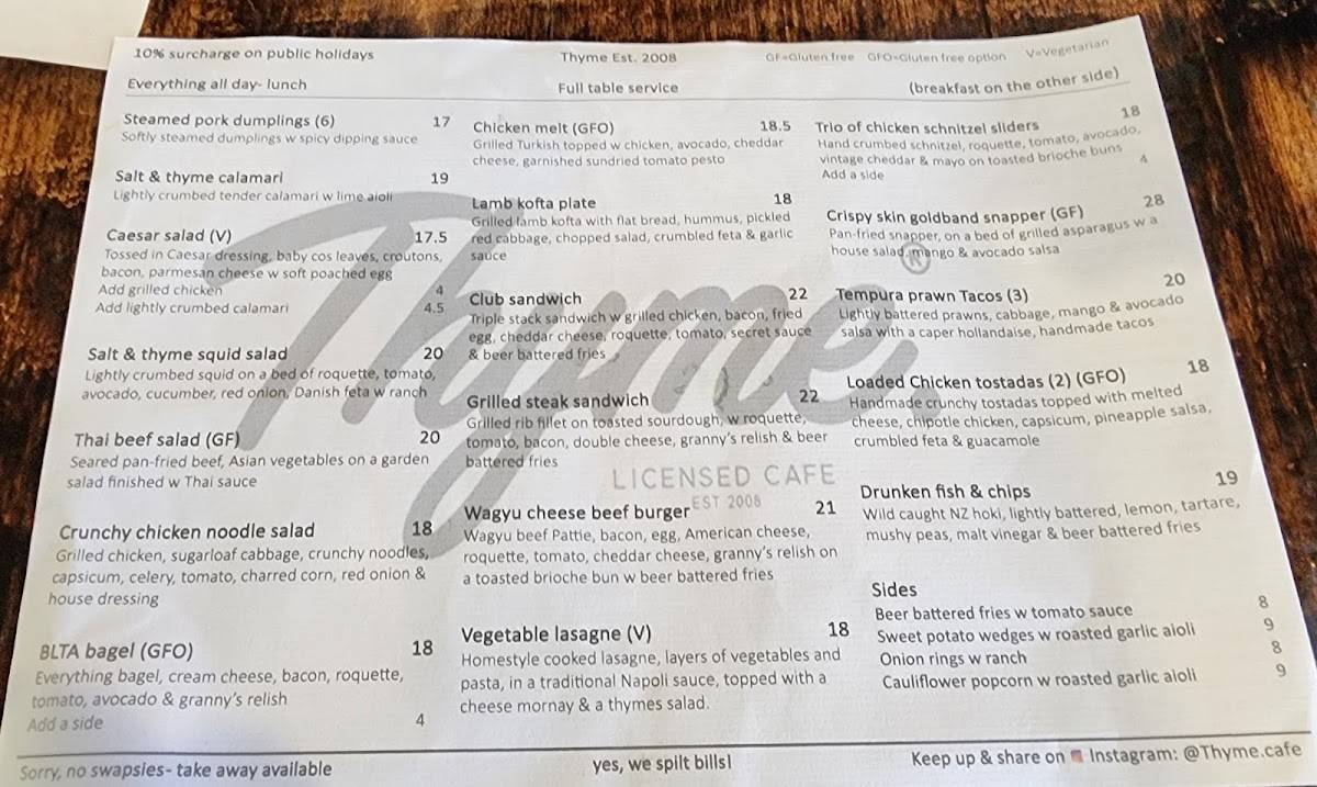 Menu at Thyme Cafe Bar, Main Beach, 20-22 Tedder Ave