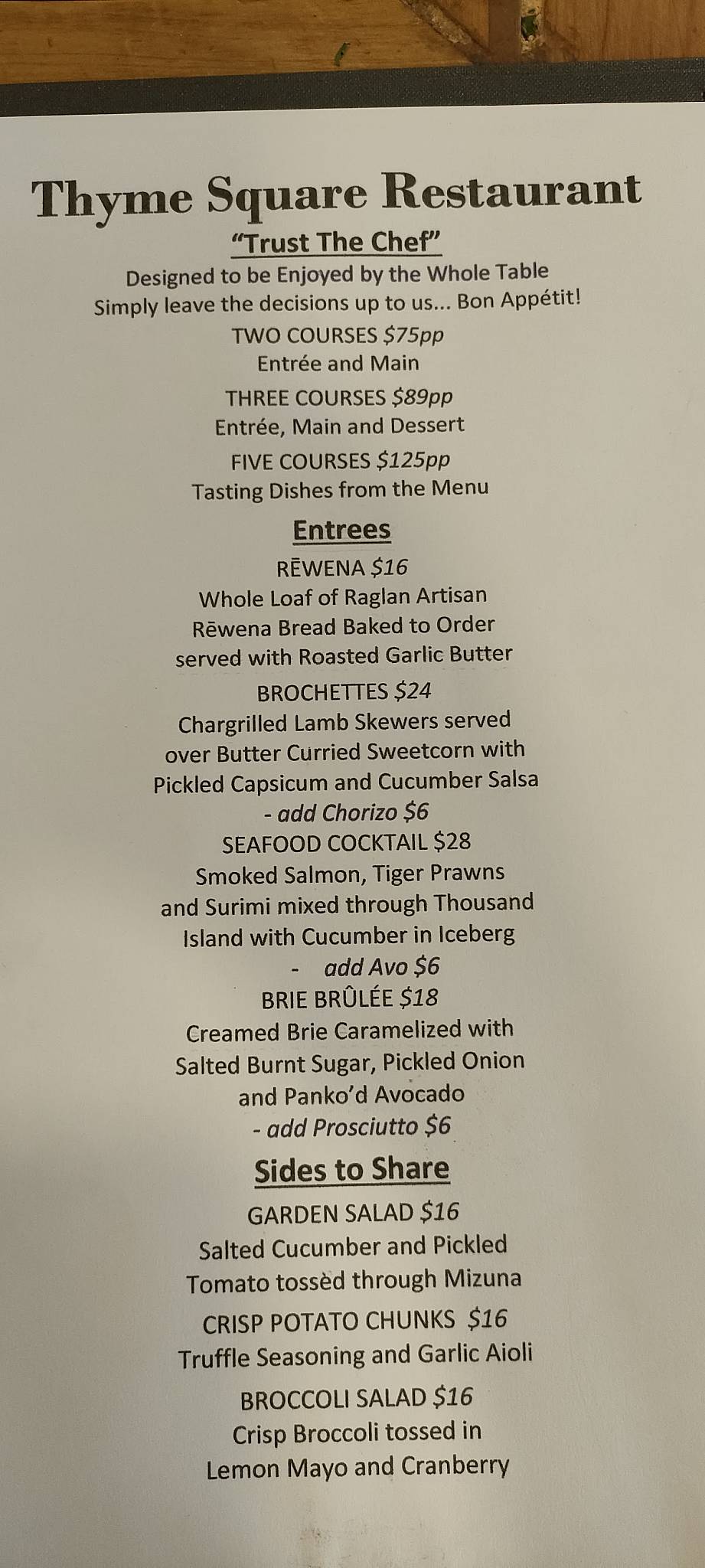 Carta de Thyme Square Restaurant, Hamilton, 259 Grey St
