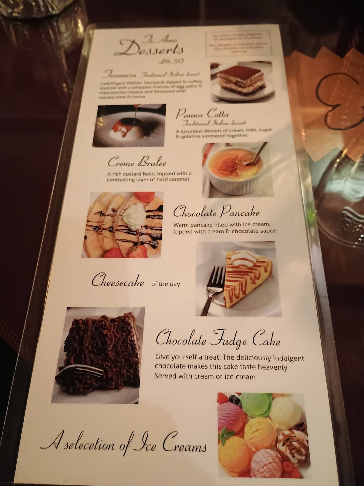 Menu at Ti Amo restaurant, Sheffield
