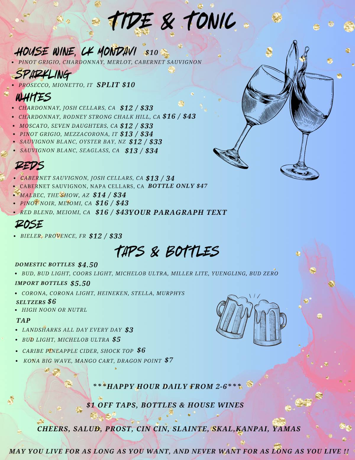 Menu at Tide & Tonic pub & bar, Indian Harbour Beach