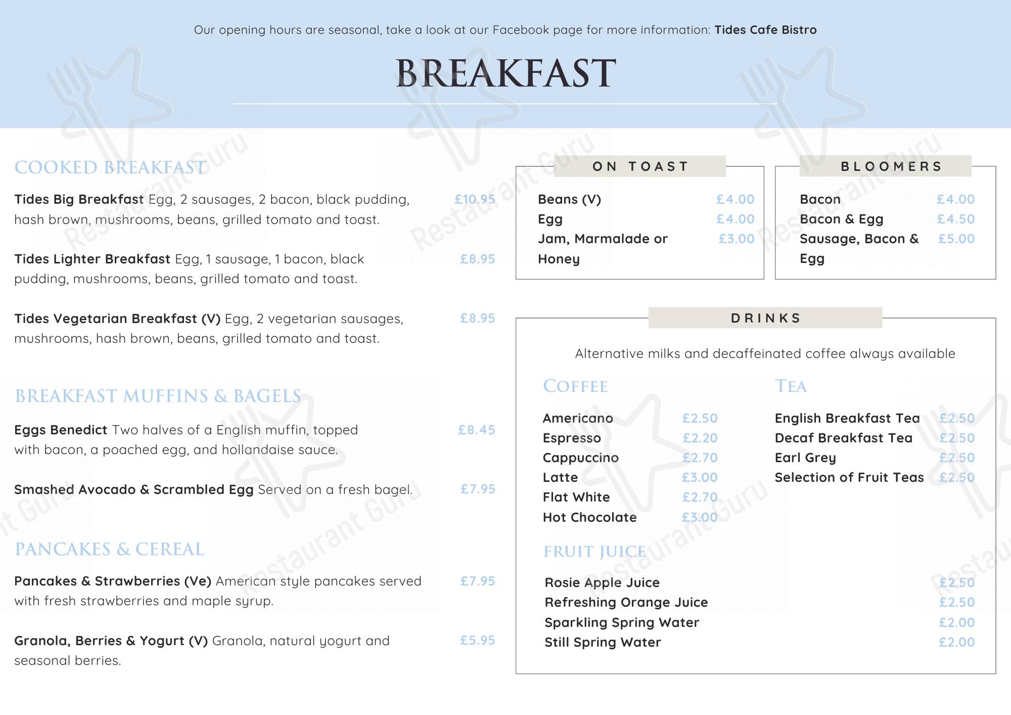 Menu at Tides Bistro restaurant, Abergele