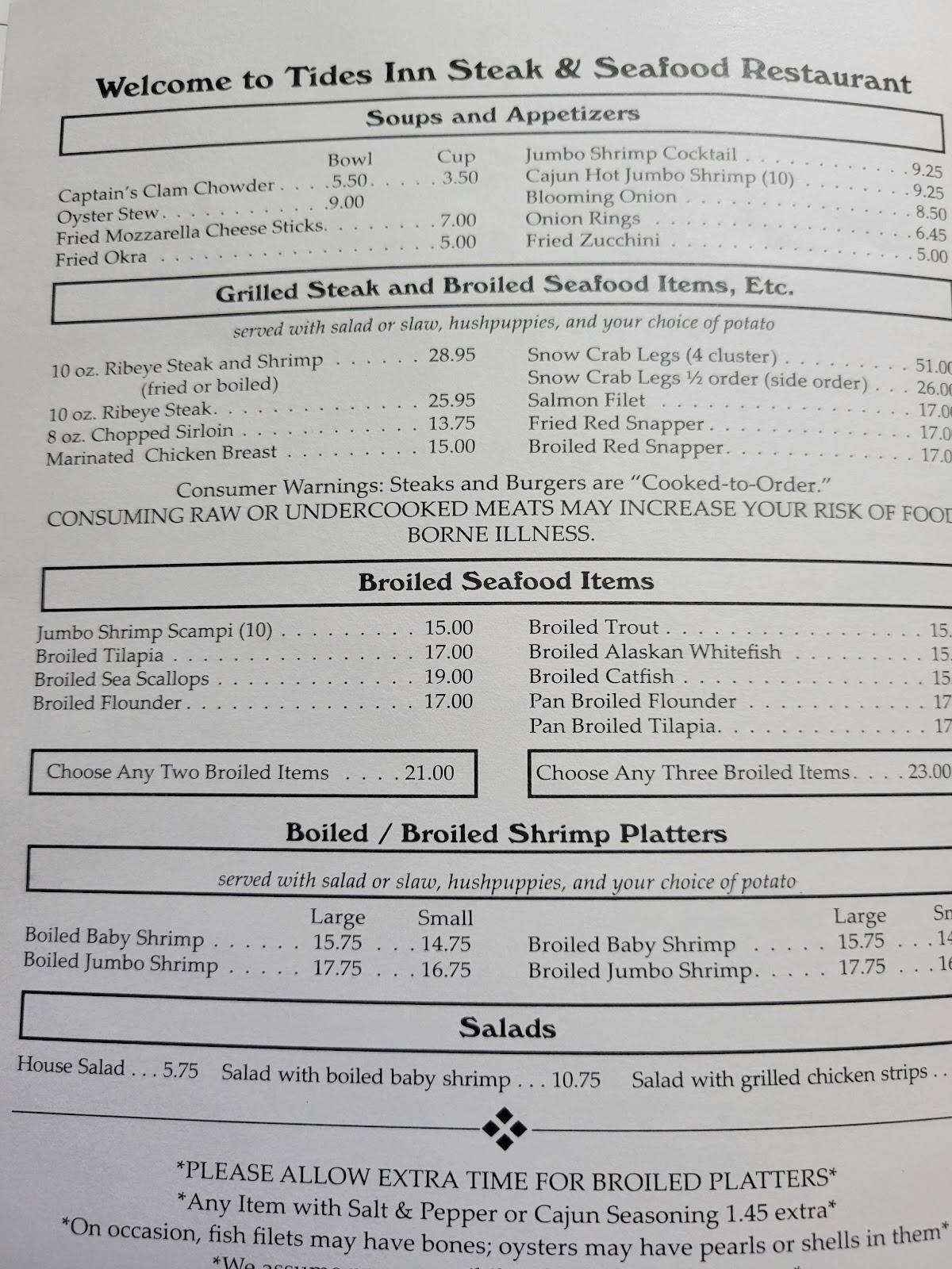 Menu at Tides Inn Steak & Seafood steakhouse, Greensboro
