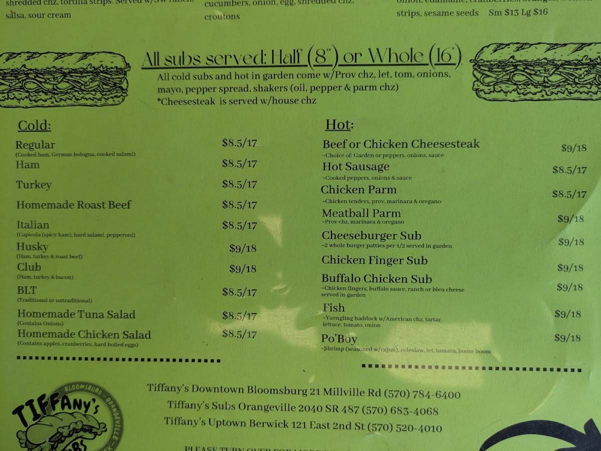 Menu at Tiffany’s Downtown restaurant, Bloomsburg