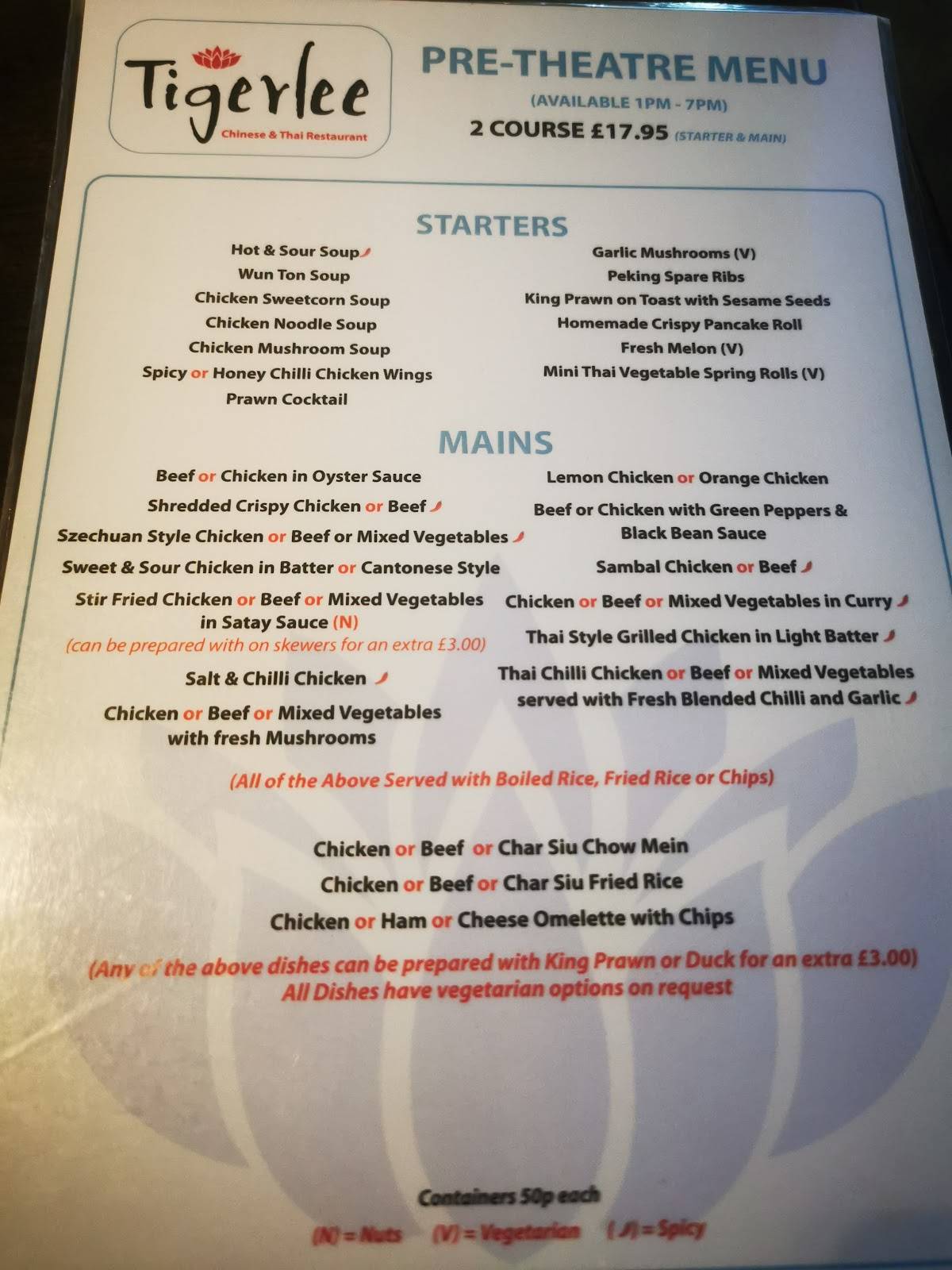 Menu at Tiger Lee restaurant, Glasgow