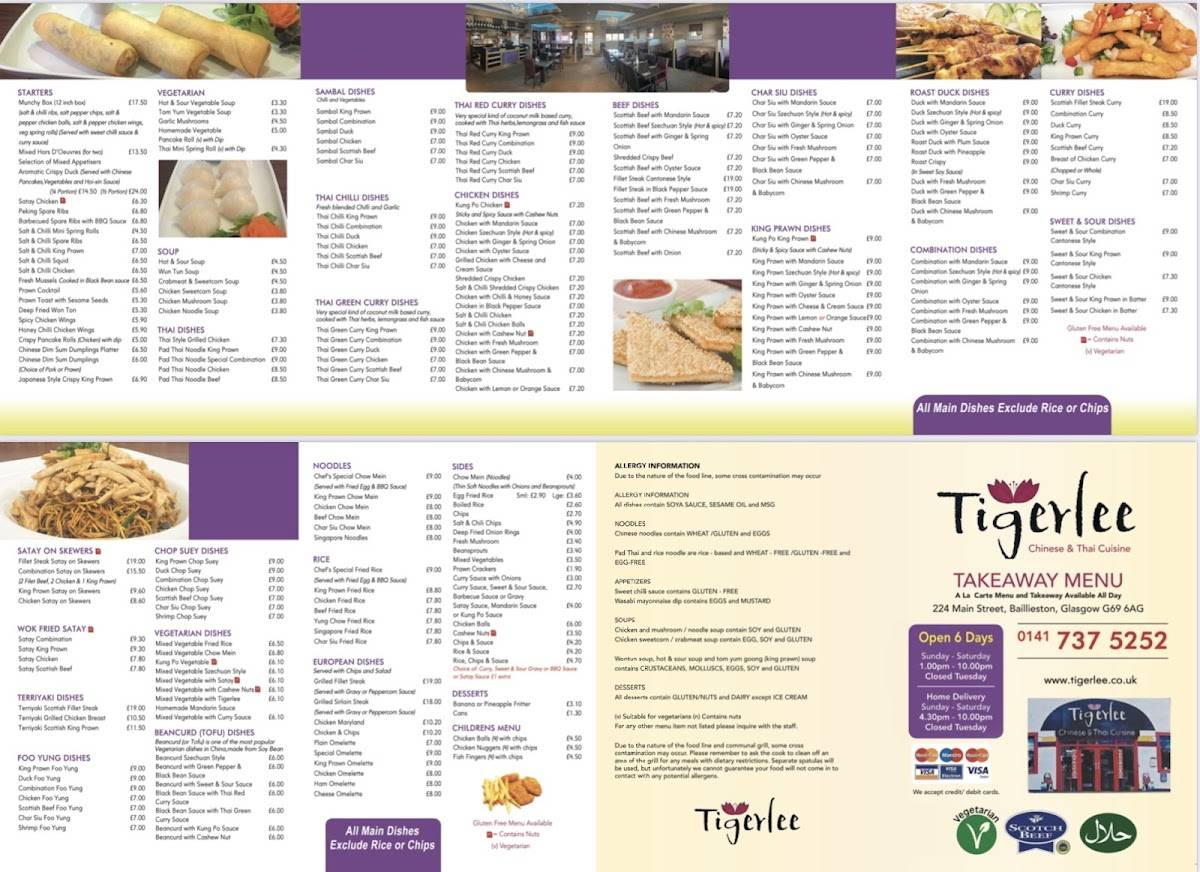 Menu at Tiger Lee restaurant, Glasgow