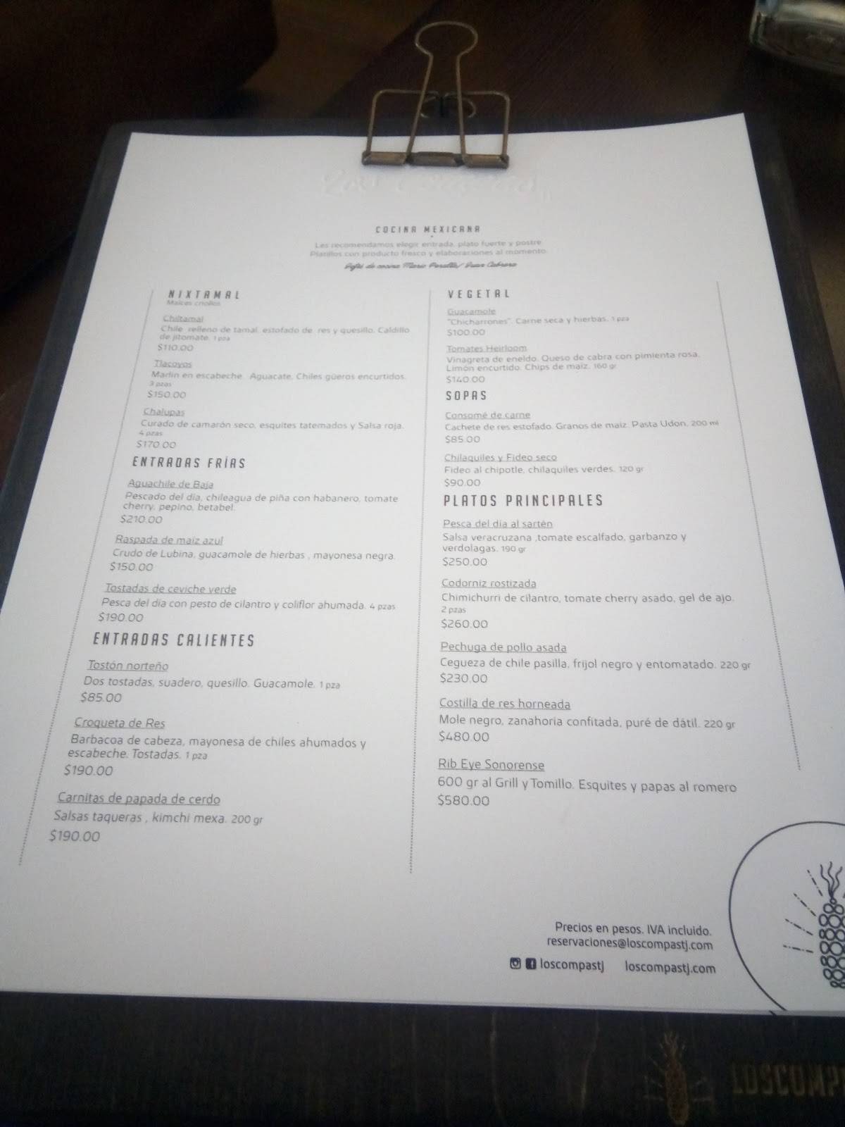Carta del restaurante JACO, Tijuana