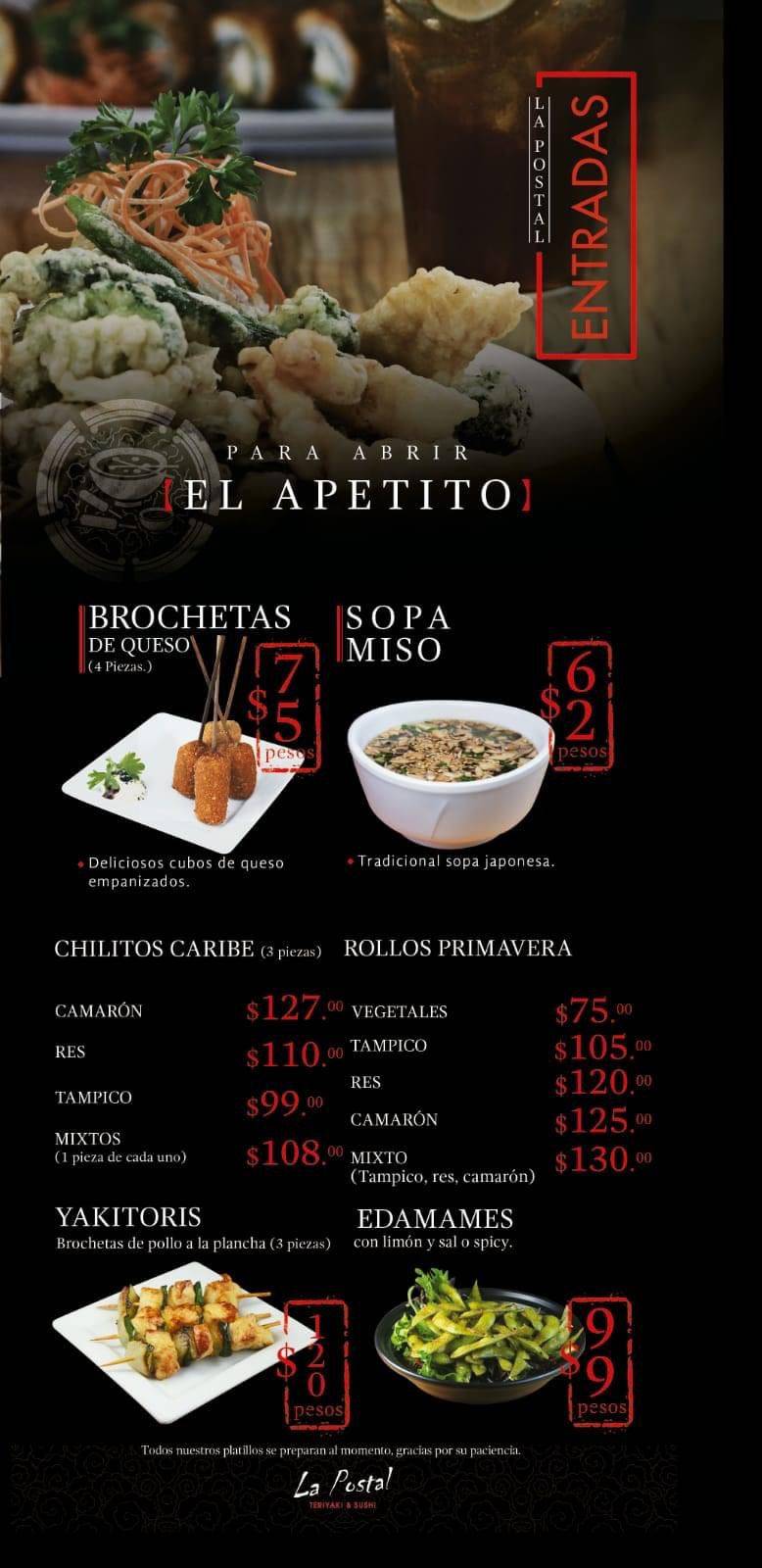 Carta del restaurante La Postal Teriyaki & Sushi Suc 5 y 10, Tijuana