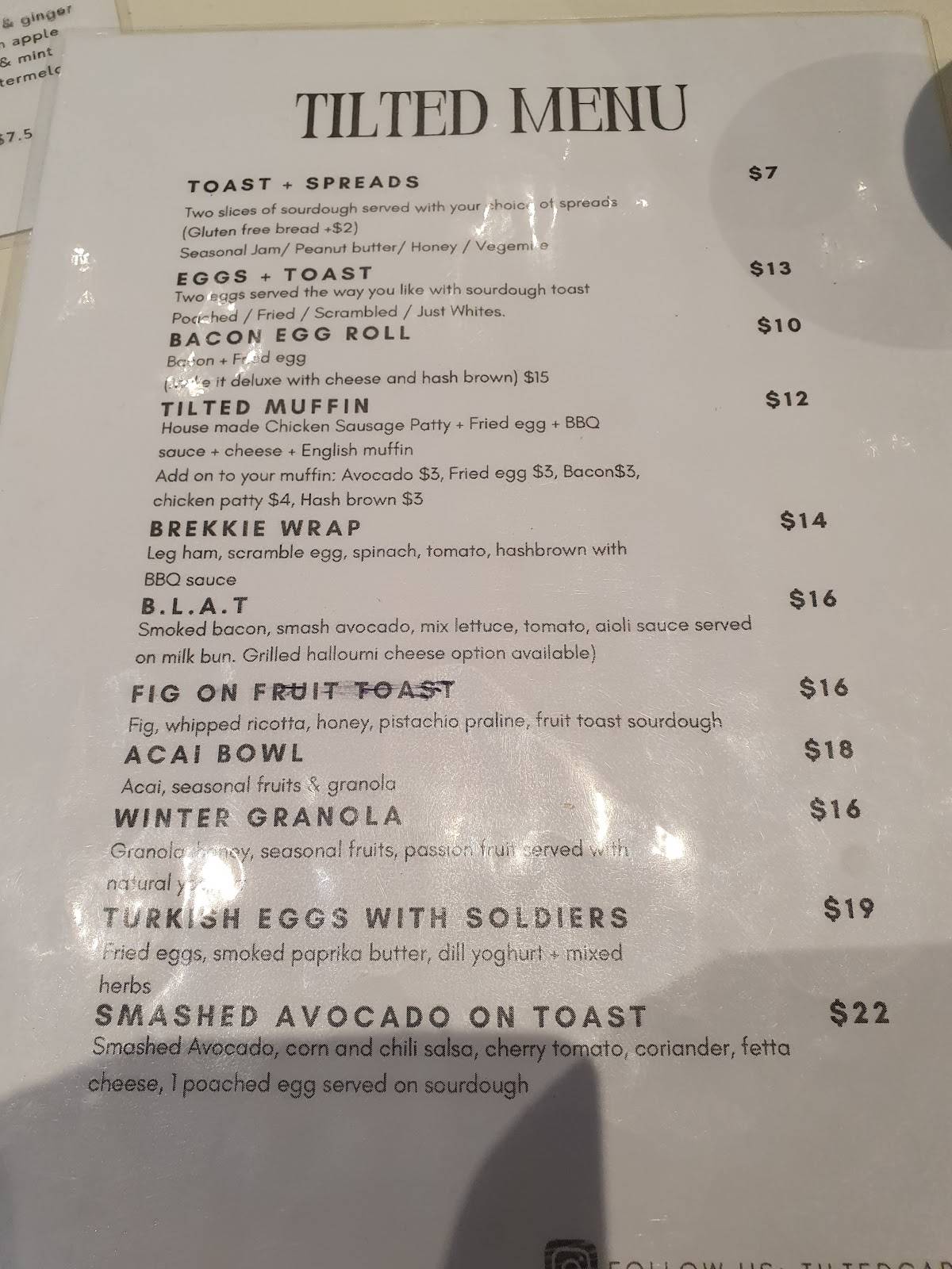 Menu at Tilted cafe, Carlingford