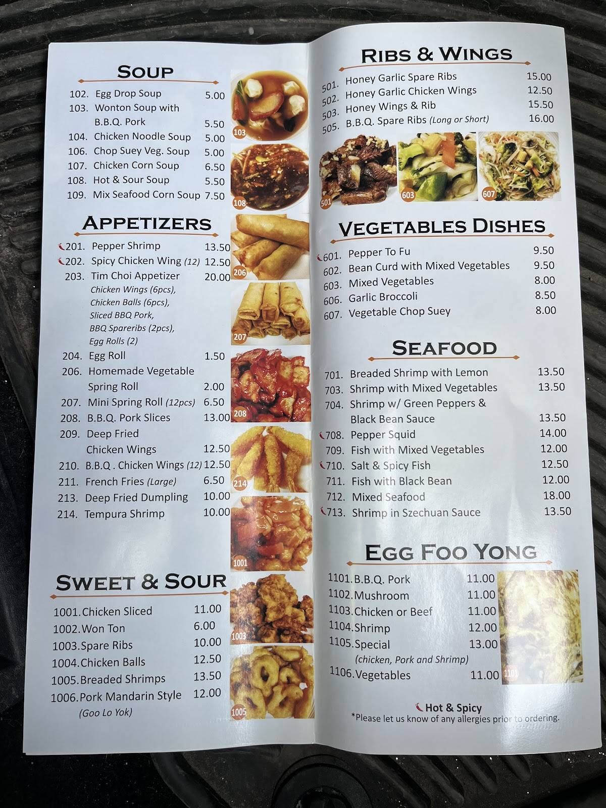 Menu at Tim Choi's Chinese Food restaurant, Toronto