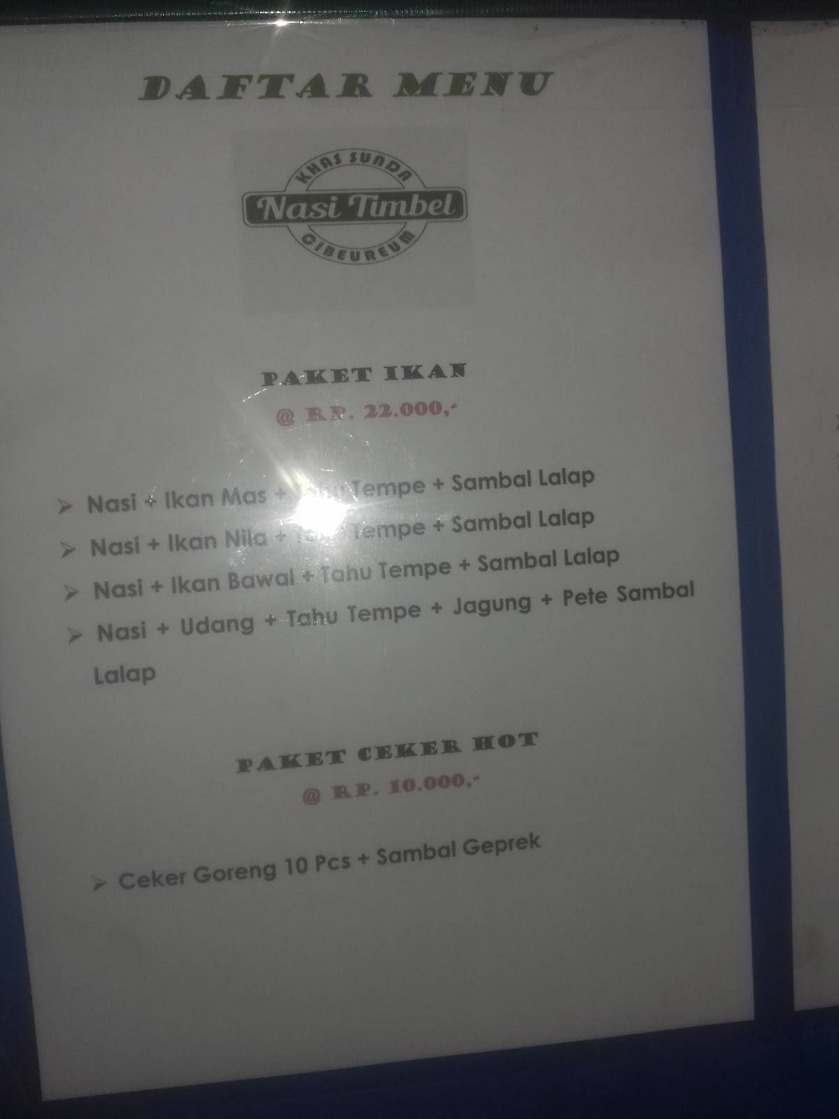 Carta del restaurante Timbel Khas Sunda Cibereum, Bandung