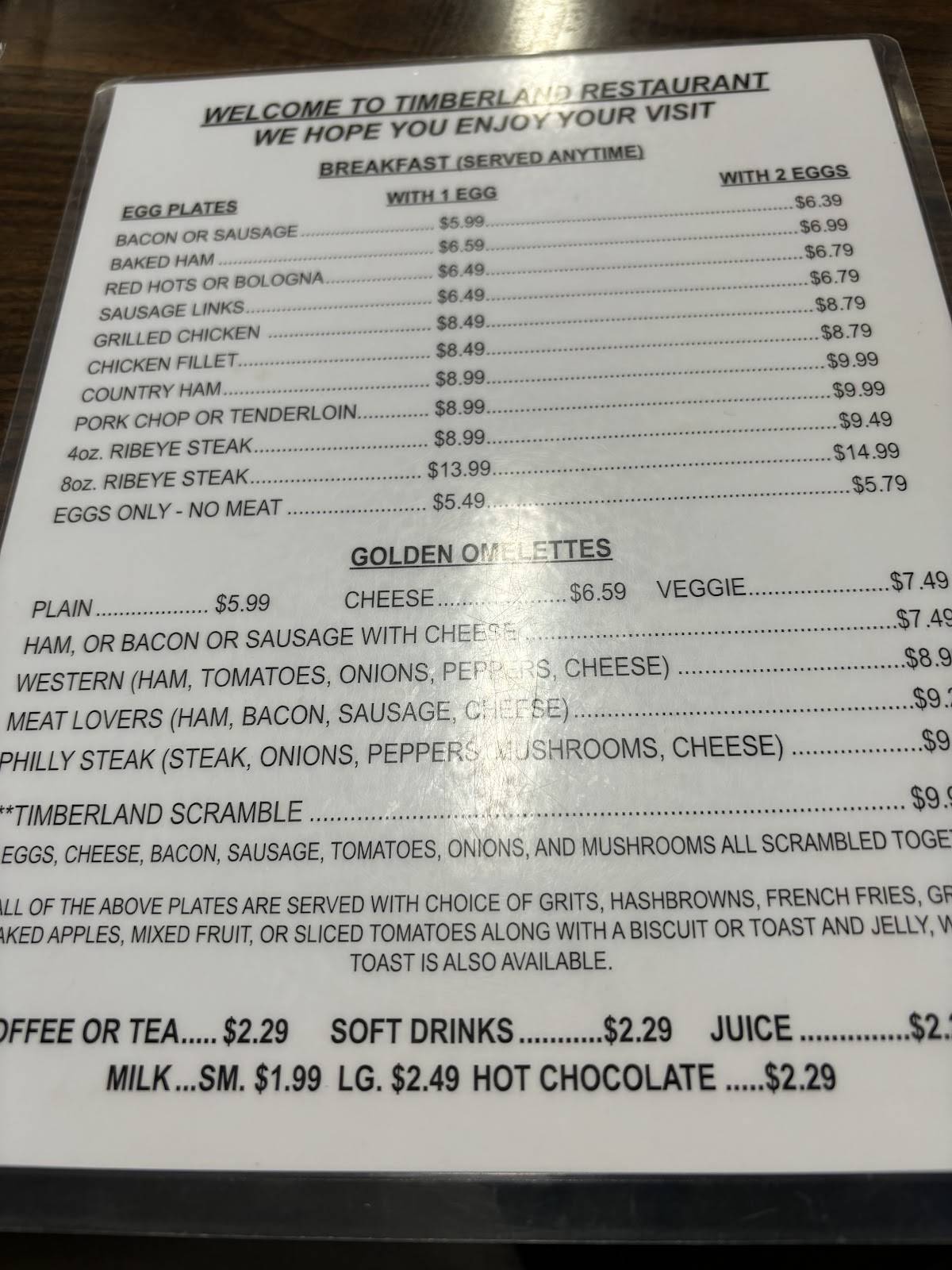 Menu at Timberland Restaurant, Roxboro
