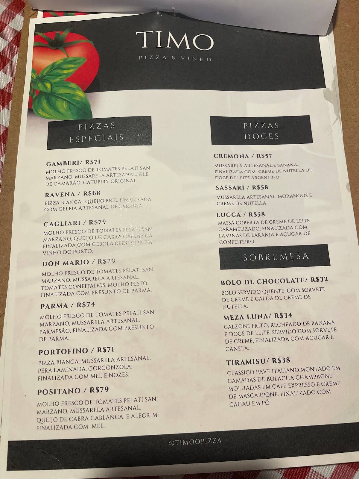 Menu em Timo Pizza e Vinho restaurante, Marechal Deodoro