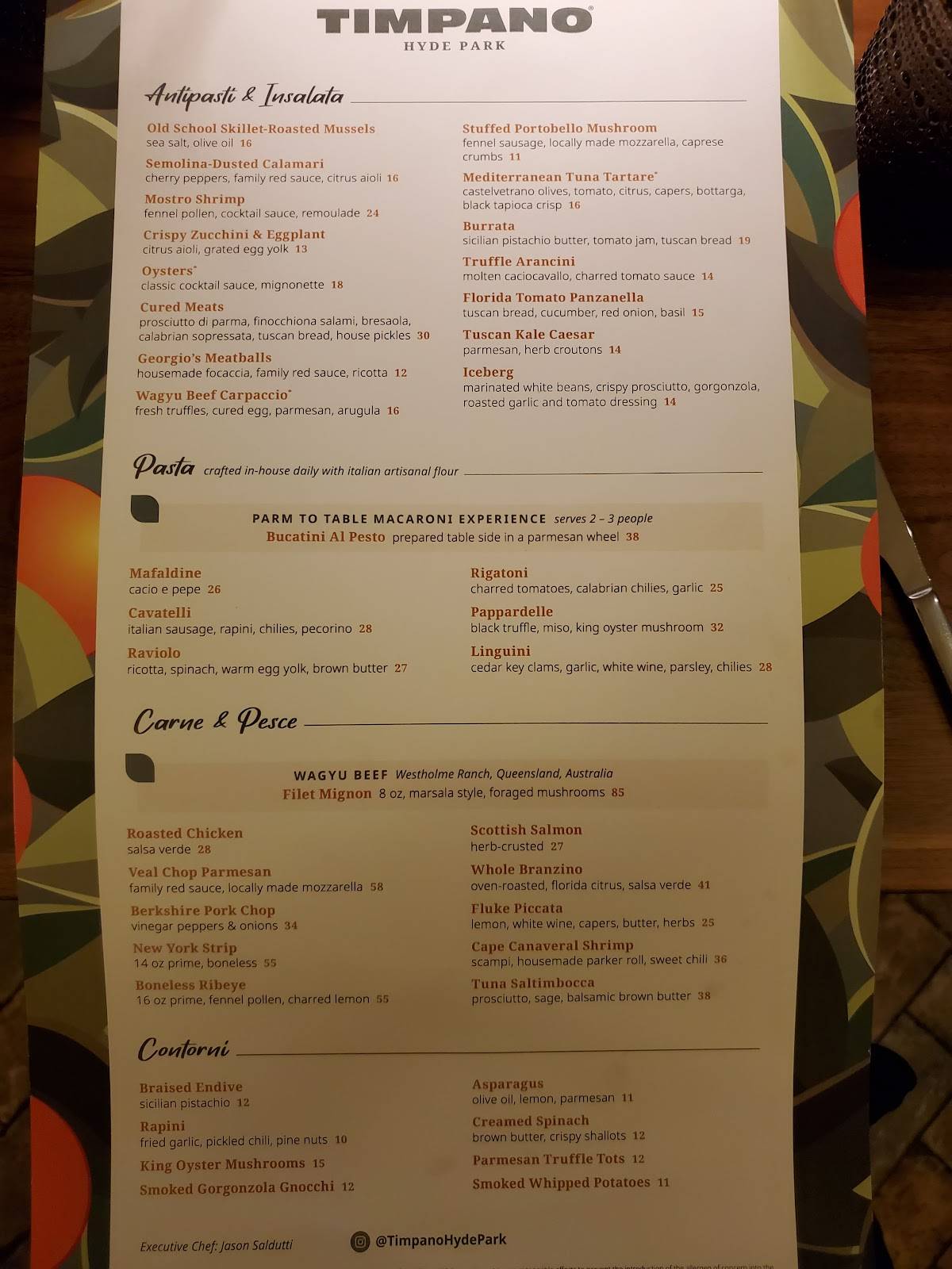 Menu at Timpano Hyde Park pub & bar, Tampa
