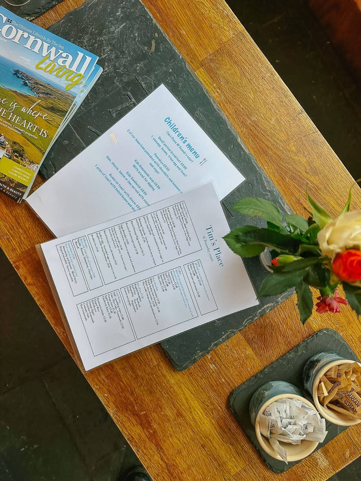 Menu at Tim's Place cafe, Wadebridge