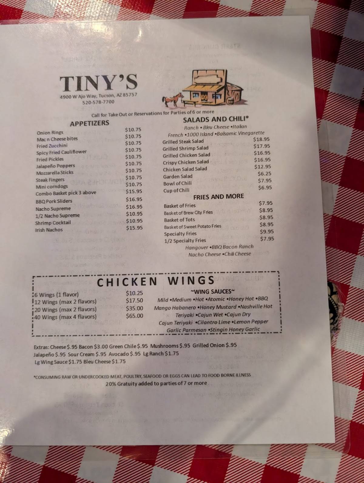 Menu at Tiny's Family Restaurant, Tucson