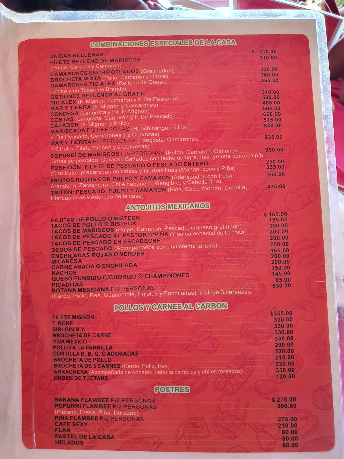 Carta del restaurante Tío Alex Mariscos y Carnes, Acapulco