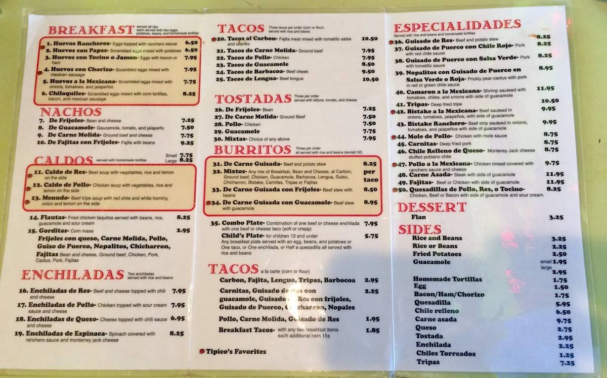 Menu at Tipico's restaurant, Dallas