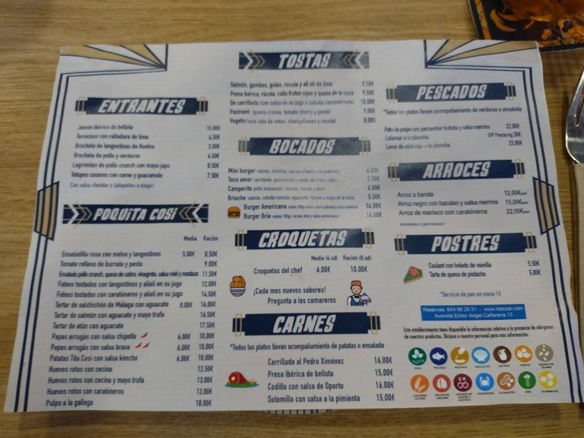 Menu at Tita Cosi Taberna restaurant, Málaga