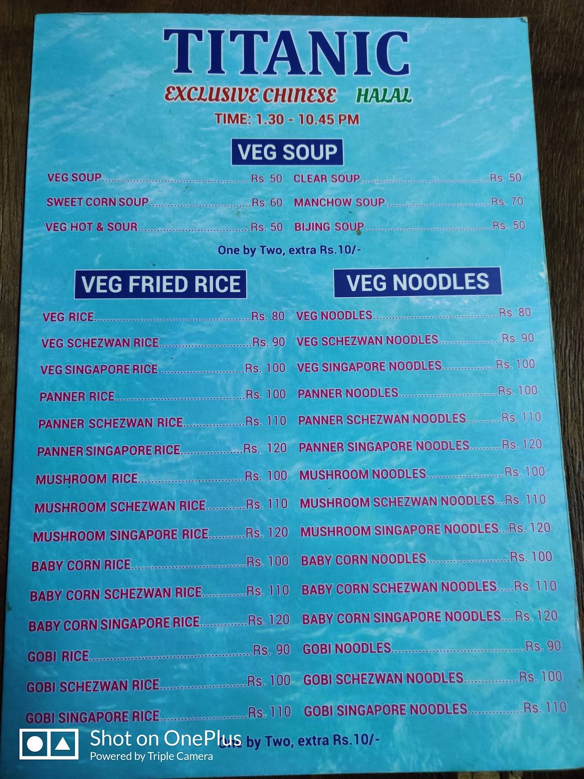 Menu at Titanic Fast Food, Chennai, 2