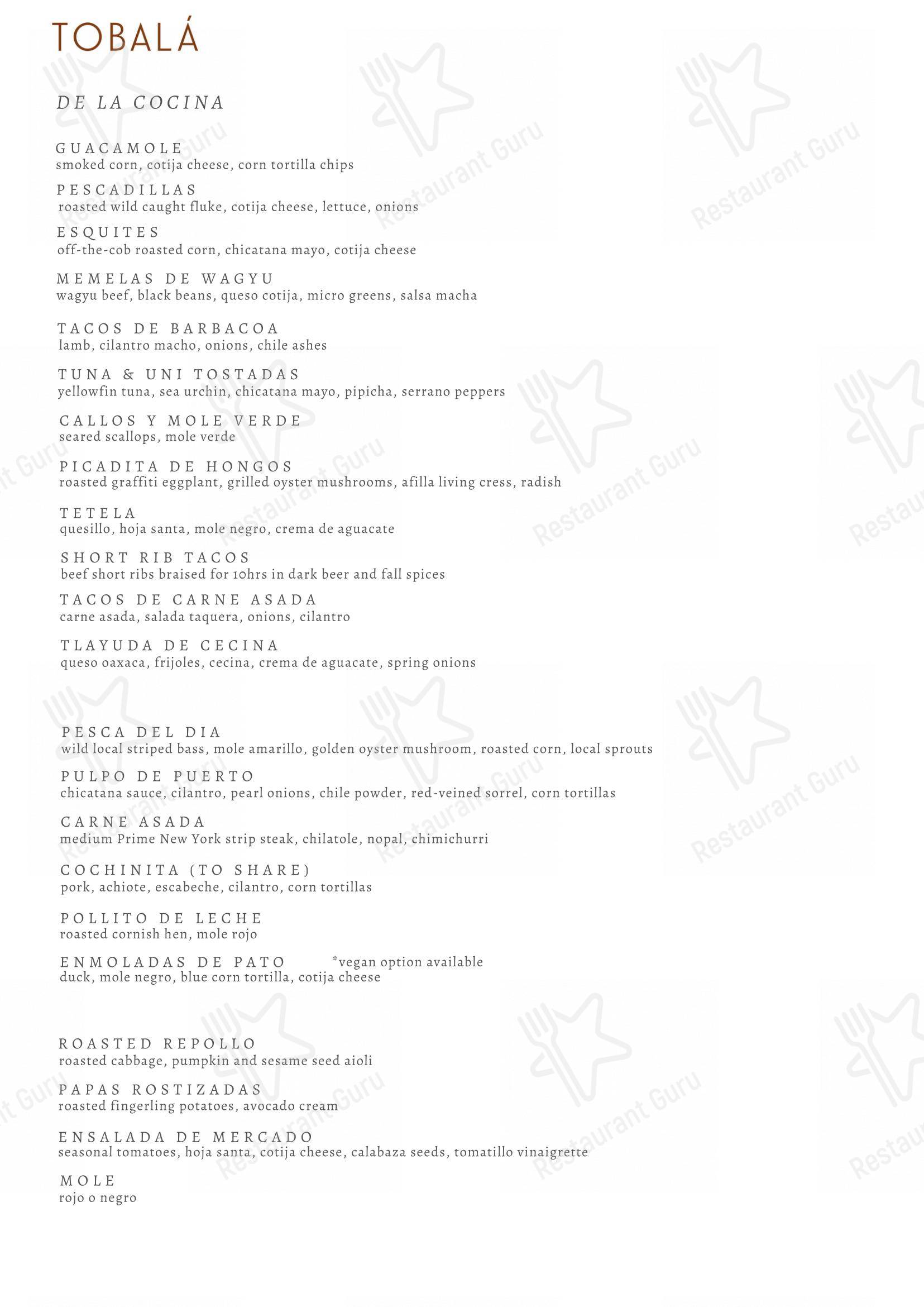 Menu at Tobala pub & bar, Yonkers