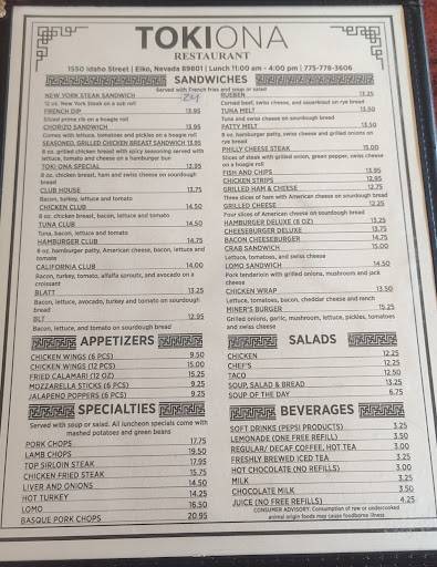 Menu at Toki Ona steakhouse, Elko