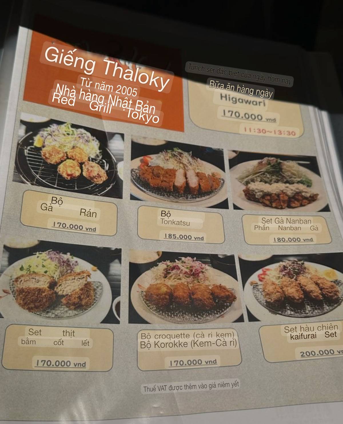 Menu at Tokyo Red Grill restaurant, Hanoi